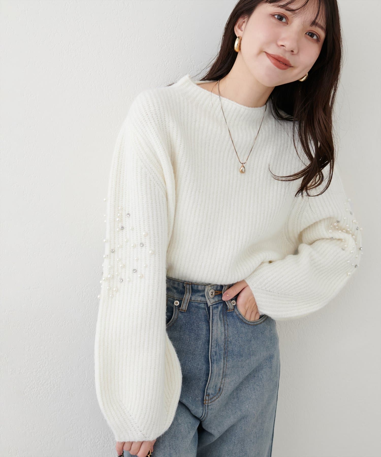 WEB限定】ビジュースリーブもちもち畦ニット | natural couture WEB限定】ビジュースリーブもちもち畦ニット | natural couture