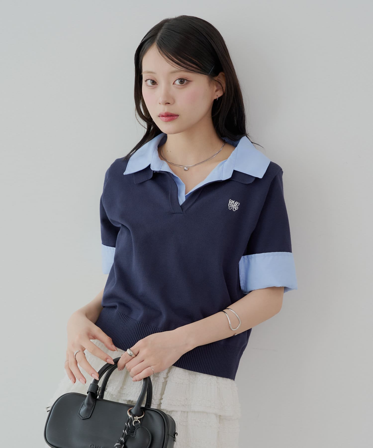 5分袖】刺繍入り襟付きポロニット | Chico(チコ)レディース 5分袖】刺繍入り襟付きポロニット | Chico(チコ)レディース